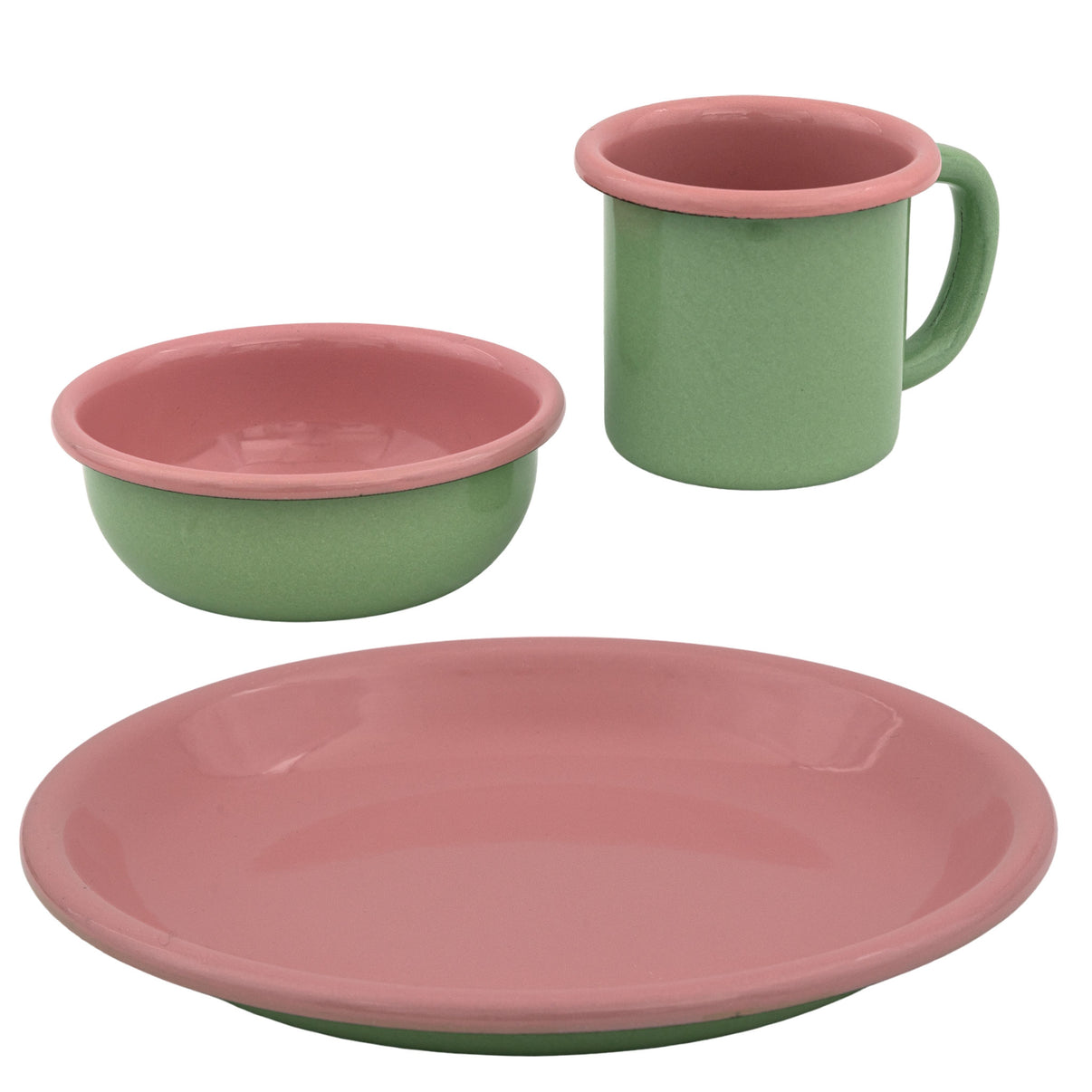 Kids Enamel 3 Piece Tableware Set Green Pink – Wicklewood